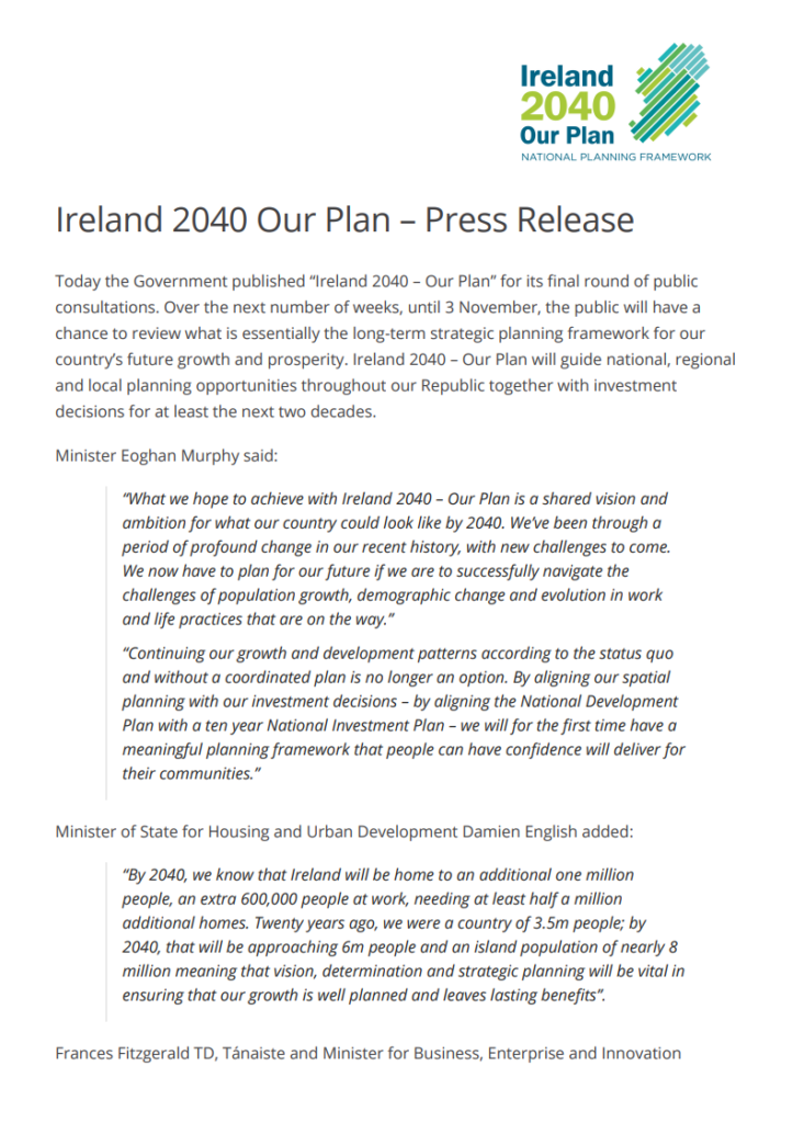 Draft of Ireland 2040 – Our Plan
